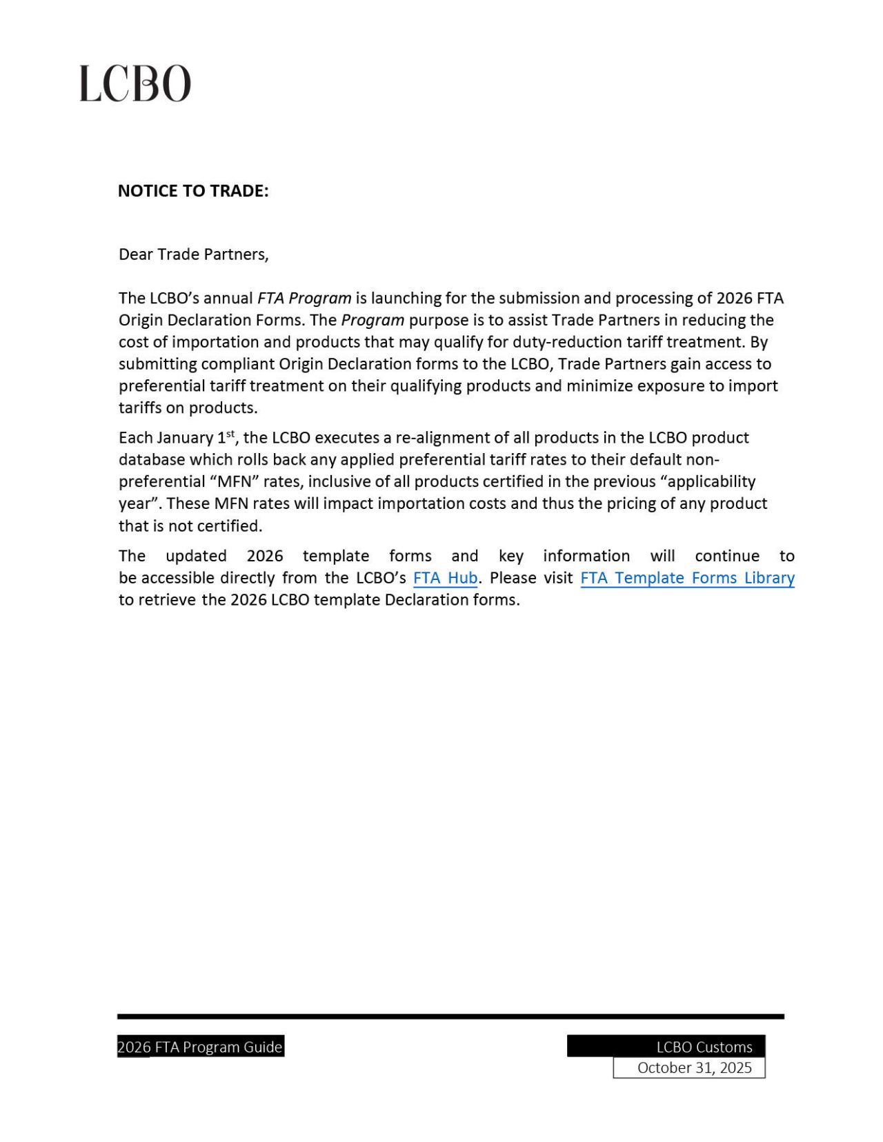 Free Trade Agreement Program | Doing Business with LCBO